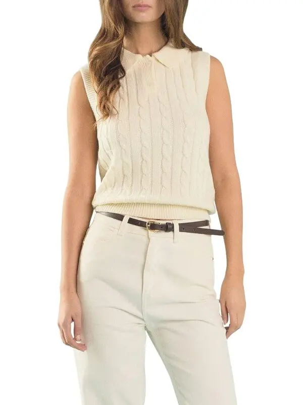 Endless Rose Sleeveless Cable Knit Polo Sweater - Ivory