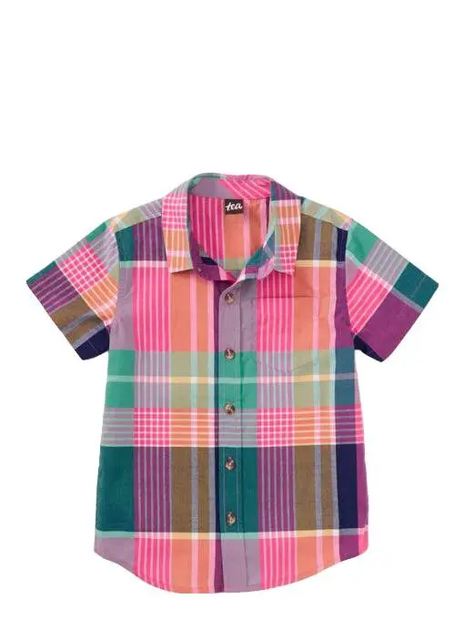 TEA COLLECTION Plaid Button Up Woven Shirt - Carnival Rainbow Plaid