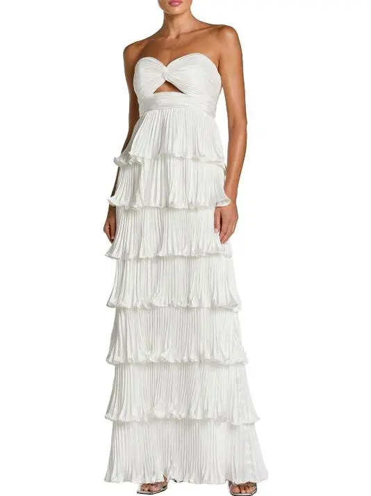 Mac Duggal Pleated Charmeuse Strapless Tiered Ruffle Gown - Ivory
