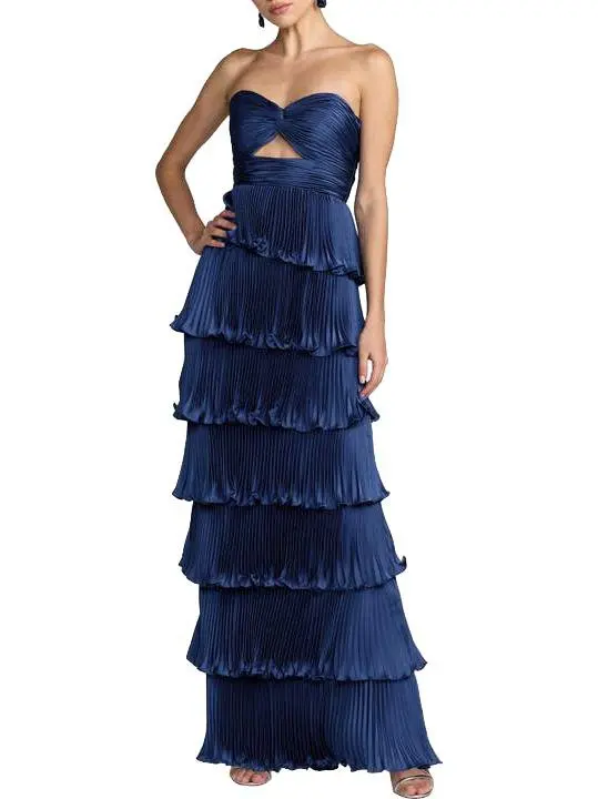 Mac Duggal Pleated Charmeuse Strapless Tiered Ruffle Gown - Navy