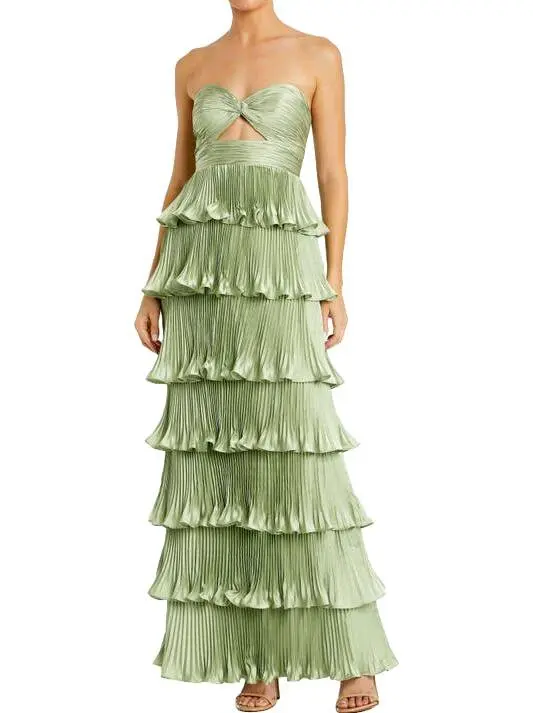 Mac Duggal Pleated Charmeuse Strapless Tiered Ruffle Gown - Sage