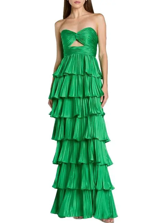 Mac Duggal Pleated Charmeuse Strapless Tiered Ruffle Gown - Spring Green