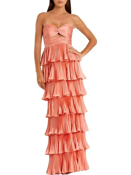 Mac Duggal Pleated Charmeuse Strapless Tiered Ruffle Gown - Terra Cotta