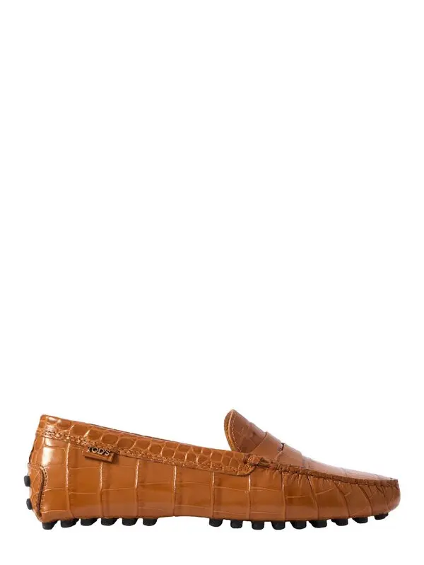 TOD'S Gommino Croc-effect Leather Loafers - Brown