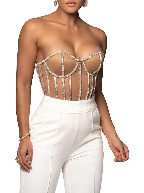 JLUXLABEL Rhinestone Corset Top - Beige