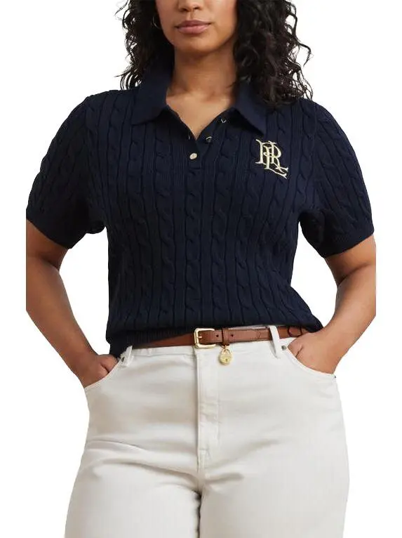 Ralph Lauren Embroidered Cable Cotton Polo Sweater - Lauren Navy