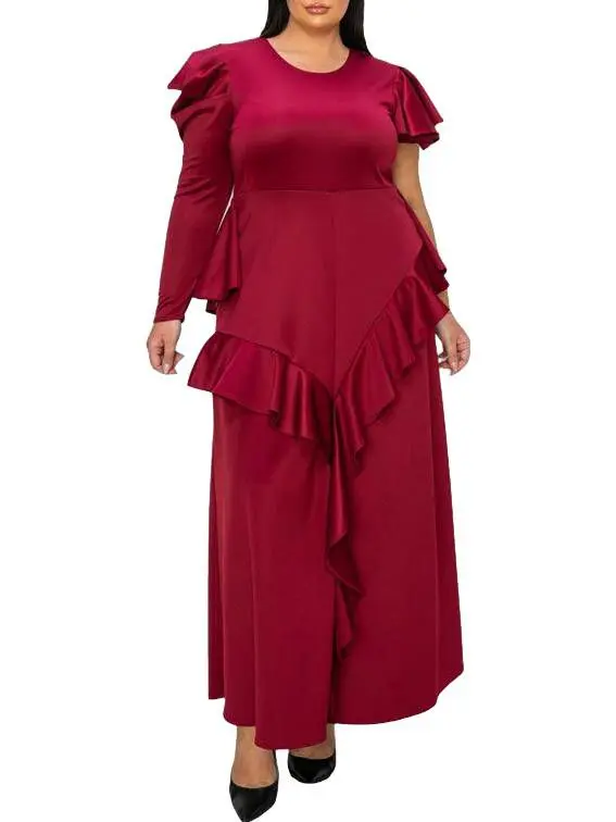 L I V D Vivienne Ruffle Maxi Dress - Burgundy