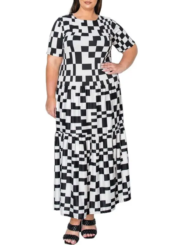 L I V D Artemesia Abstract Checkerboard Tiered Maxi Dress - Black White