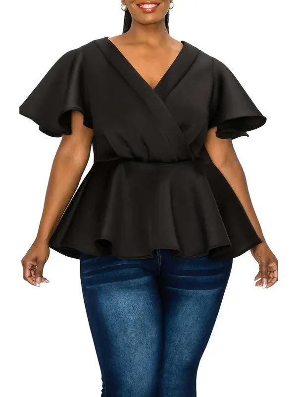 L I V D Siobhan Flutter Sleeve Peplum Top - Black