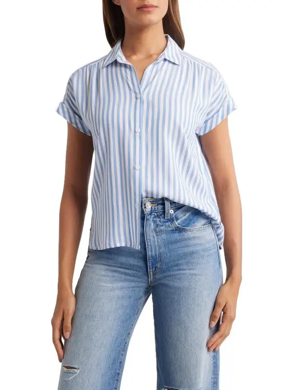 BEACHLUNCHLOUNGE Daria Stripe Short Sleeve Button-up Shirt - Blue Poppy