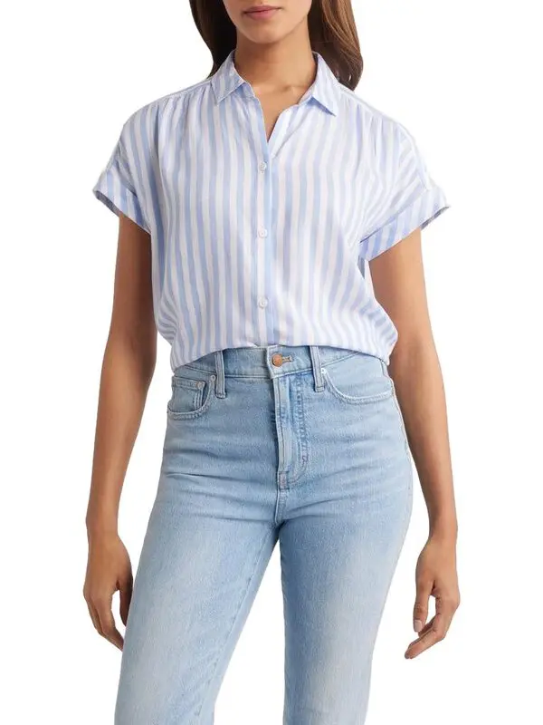 BEACHLUNCHLOUNGE Daria Stripe Short Sleeve Button-up Shirt - Blue Veil