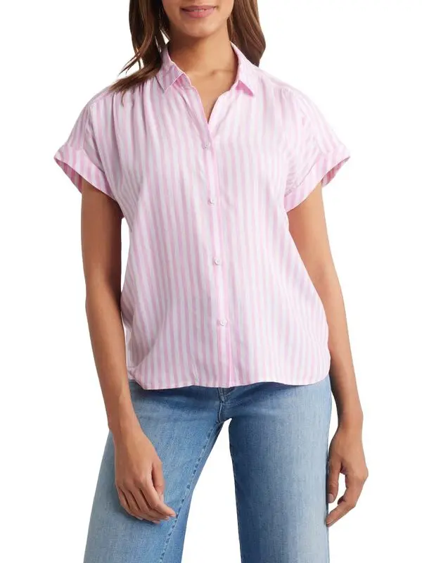 BEACHLUNCHLOUNGE Daria Stripe Short Sleeve Button-up Shirt - Ocean Pink