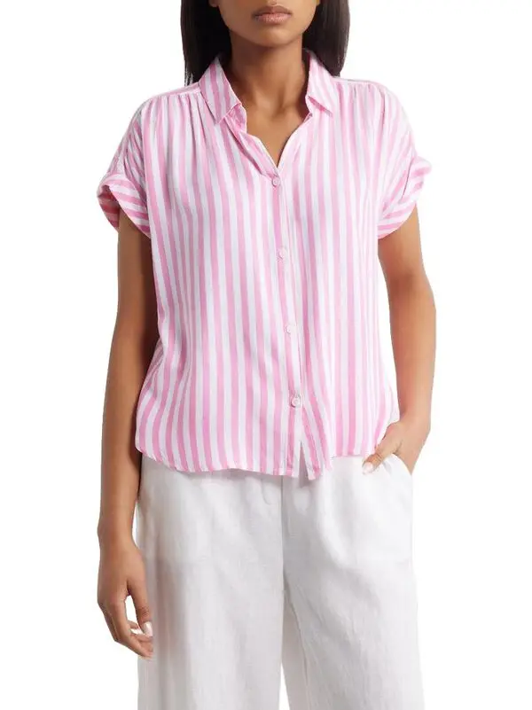 BEACHLUNCHLOUNGE Daria Stripe Short Sleeve Button-up Shirt - Spring Tulip
