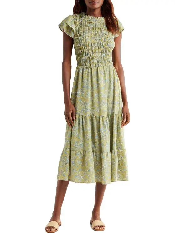 Sam Edelman Matilda Smocked Tiered Midi Dress - Sage - Branch And Blossom