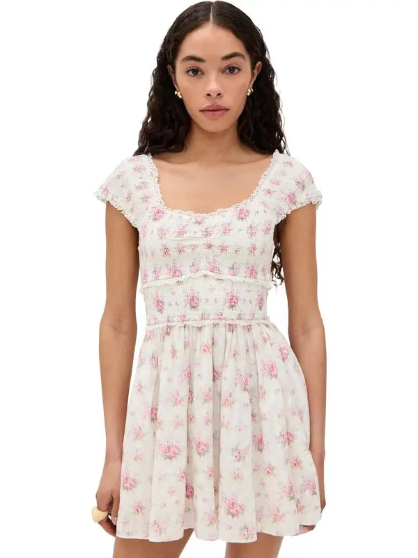 LoveShackFancy Siona Floral Print Mini Dress - Thulian Pink