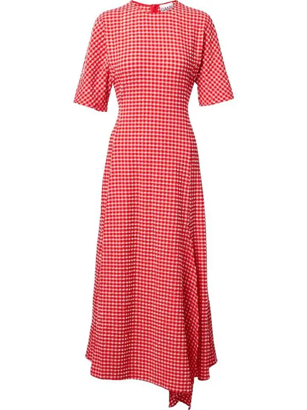 GANNI Seersucker Midi Dress - Red