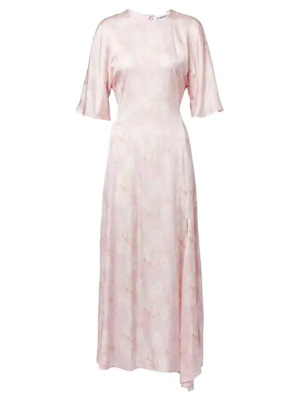 GANNI Floral Satin Maxi Dress - Pink