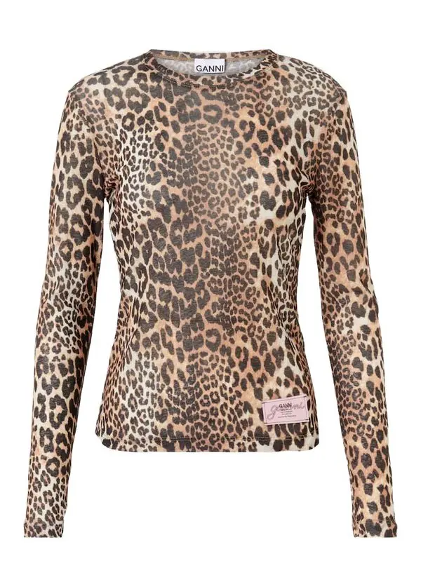 GANNI Leopard-print Mesh Top - Brown