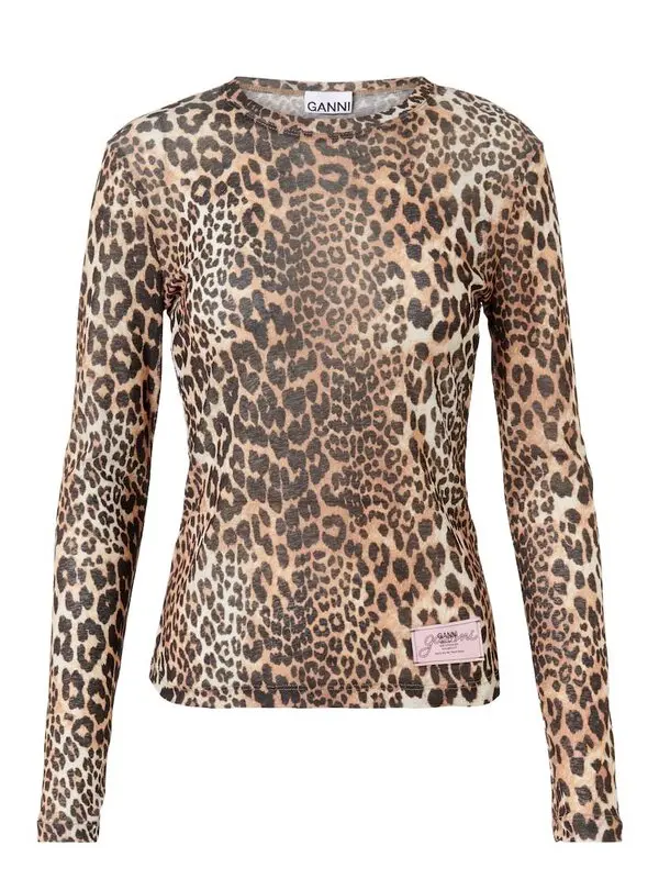 GANNI Leopard-print Mesh Top - Brown
