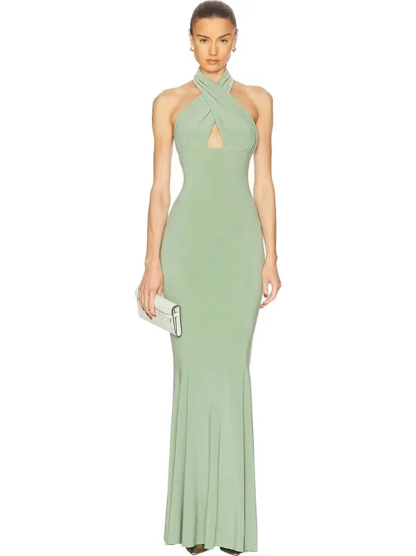Norma Kamali Cross Halter Fishtail Gown - Vintage Green