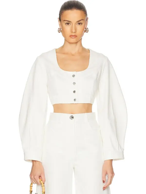 Matthew Bruch Apron Leg-of-mutton Sleeve Crop Top - White Denim