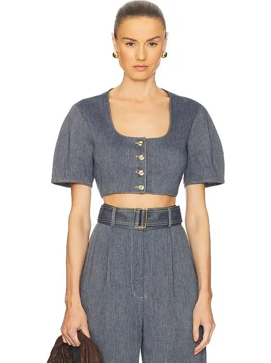 Matthew Bruch Apron Puff Sleeve Crop Top - Denim