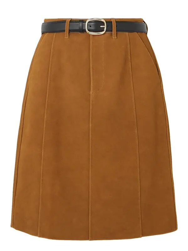 SELF-PORTRAIT Belted Paneled Suede Skirt - Brown