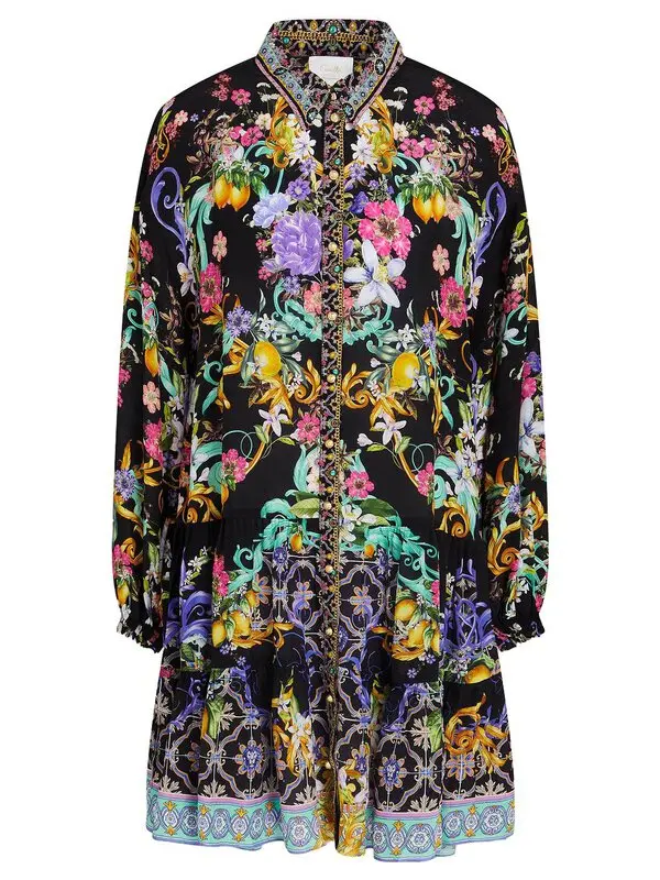 Camilla Crystal-embellished Floral-print Mini Shirt Dress - Black