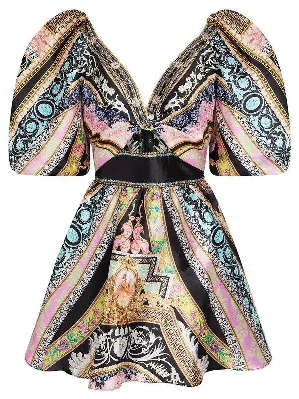 Camilla Embellished Twisted Printed Mini Dress - Black