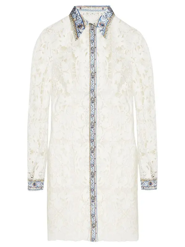 Camilla Crystal-embellished Linen-blend Guipure Lace Mini Shirt Dress - White
