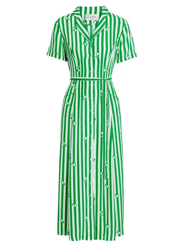 HVN Maria Striped Silk Shirt Dress - Green