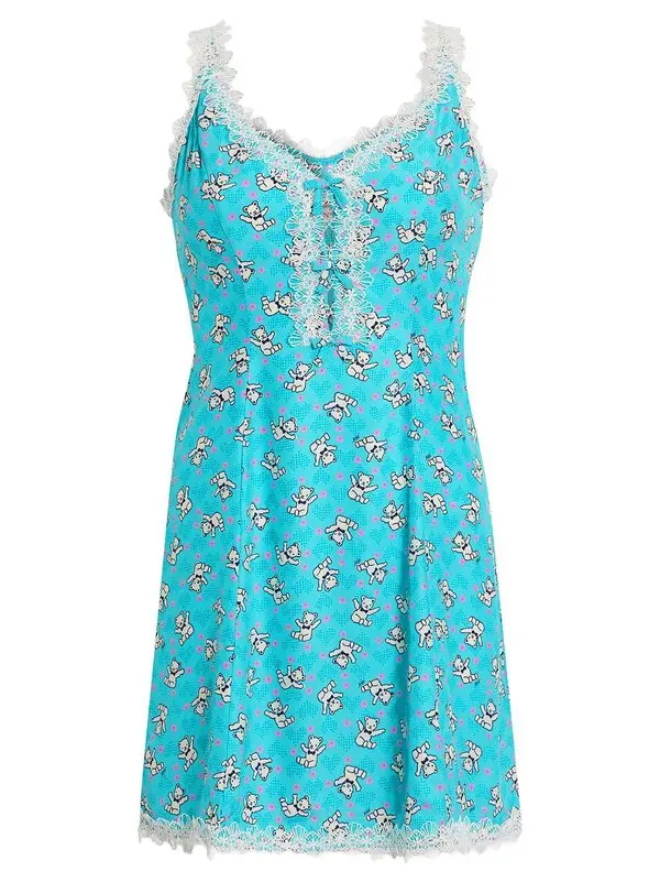 HVN Ari Lace-trimmed Printed Silk-satin Mini Dress - Turquoise