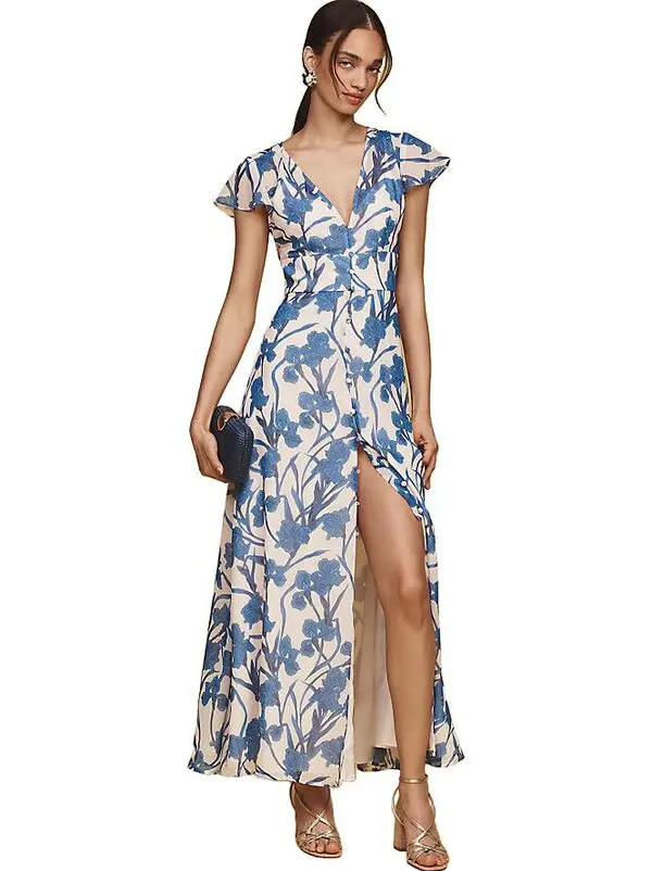 HUTCH Nia V-neck Maxi Dress - Blue Pattern