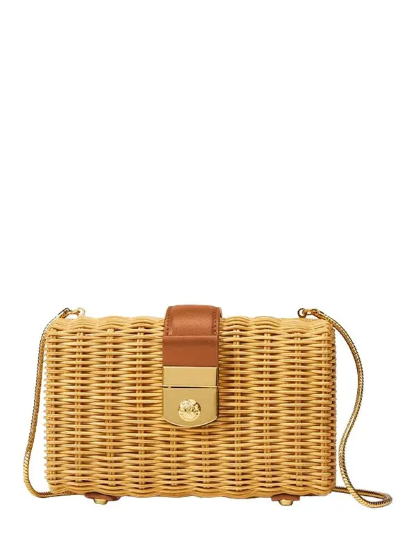 Veronica Beard Lock Rattan Box Clutch - Natural Wicker Hazelwood