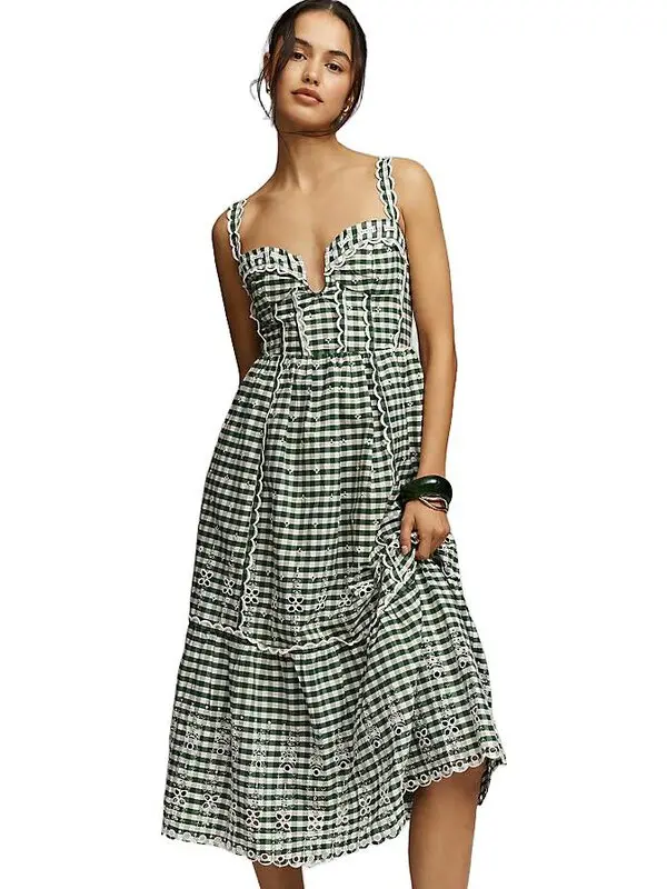 Anthropologie Gingham Midi Dress - Green Gingham