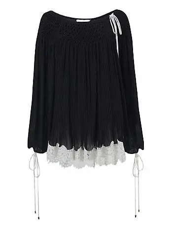 LEEM Smock-neck Lace-trimmed Top - Black