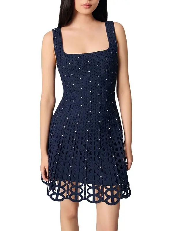 Maje Rhinestone Crochet Mini Dress - Navy