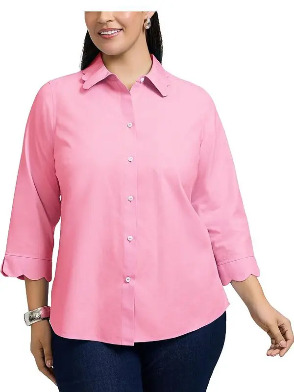 Foxcroft Gwen Three-quarter Sleeve Oxford Shirt - Pink Sea Glass