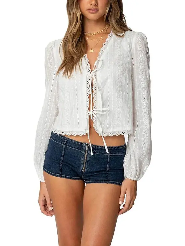 EDIKTED Lesley Cotton Lace Tie Front Top - White