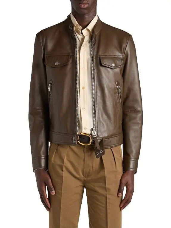 TOM FORD Plongé Leather Cafe Biker Jacket - Fg820 Dark Olive