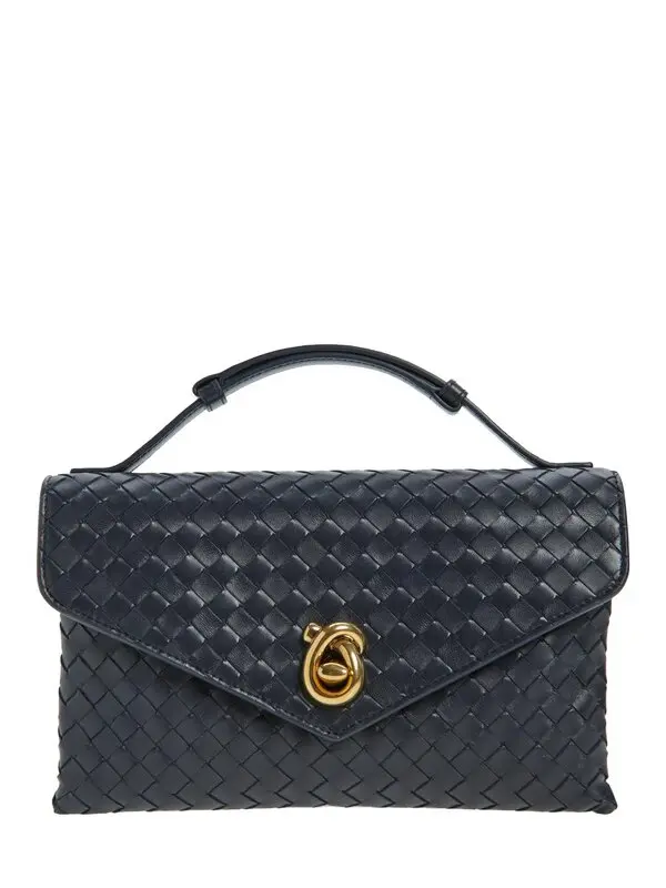Bottega Veneta Knot Lock Intrecciato Leather Shoulder Bag - 4338 Midnight-muse Brass