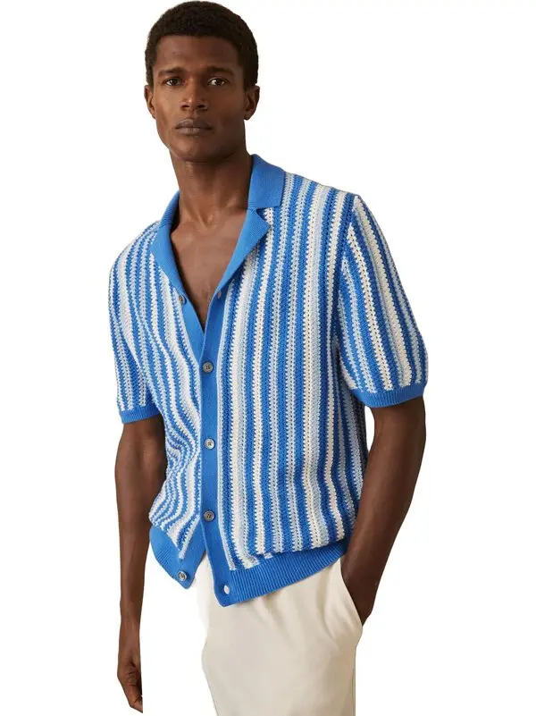 REISS Carrington Cotton Crochet Stripe Cuban Shirt - Blue Multi
