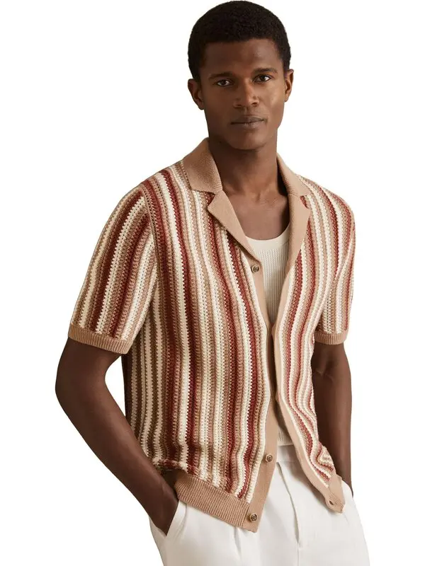 REISS Carrington Cotton Crochet Stripe Cuban Shirt - Camel Multi