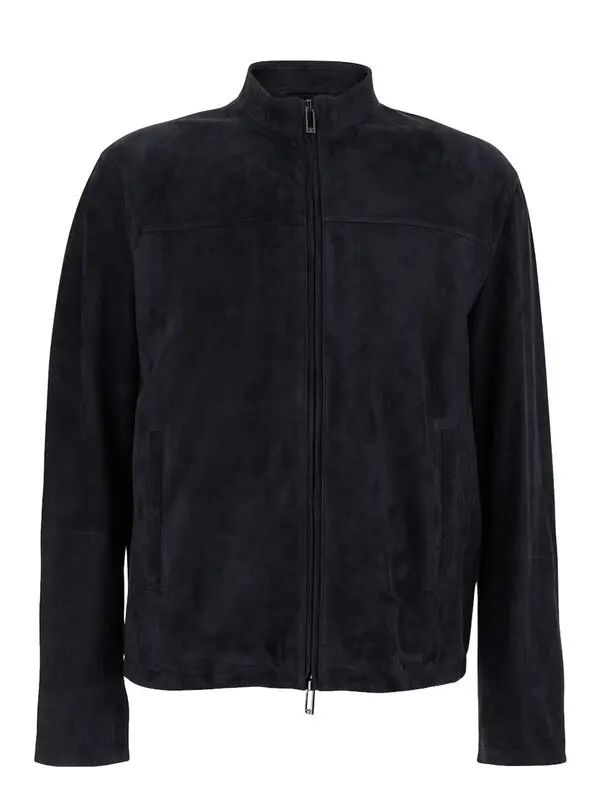 Emporio Armani Suede Jacket With Logo Patch - Blue