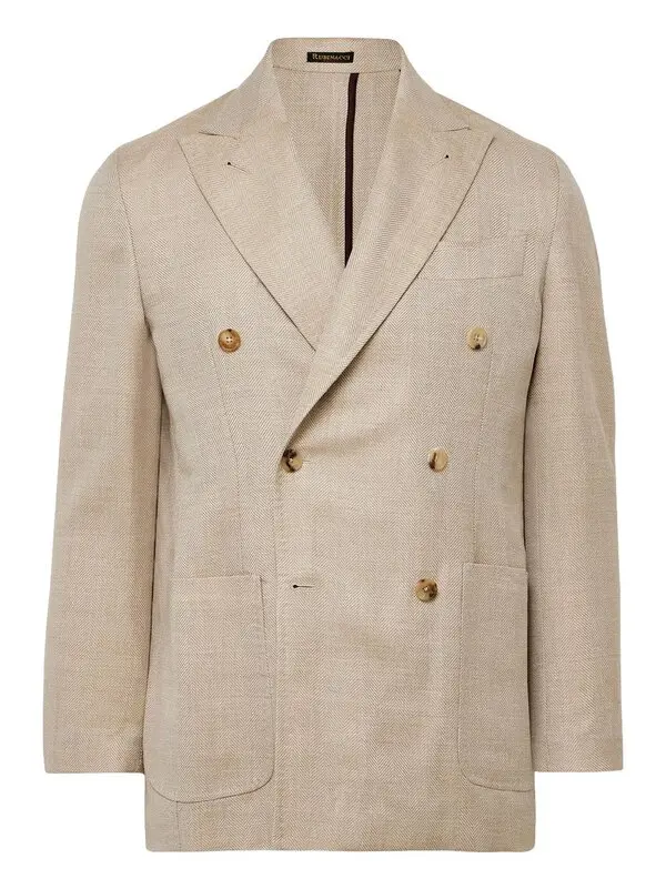 Rubinacci Unstructured Double-breasted Herringbone Virgin Wool, Silk And Linen-blend Blazer - Neutrals
