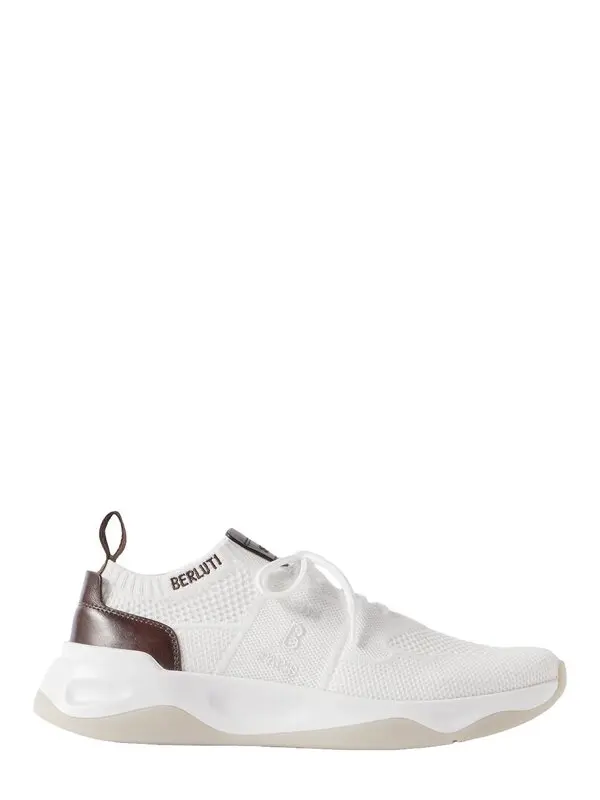 Berluti Shadow Leather-trimmed Stretch-knit Sneakers - White