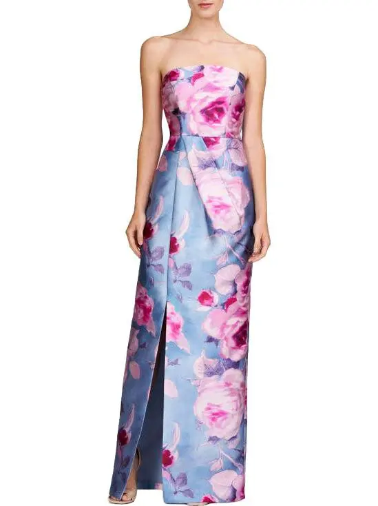KAY UNGER Lucienne Floral Strapless Gown - Pearl Blue Multi