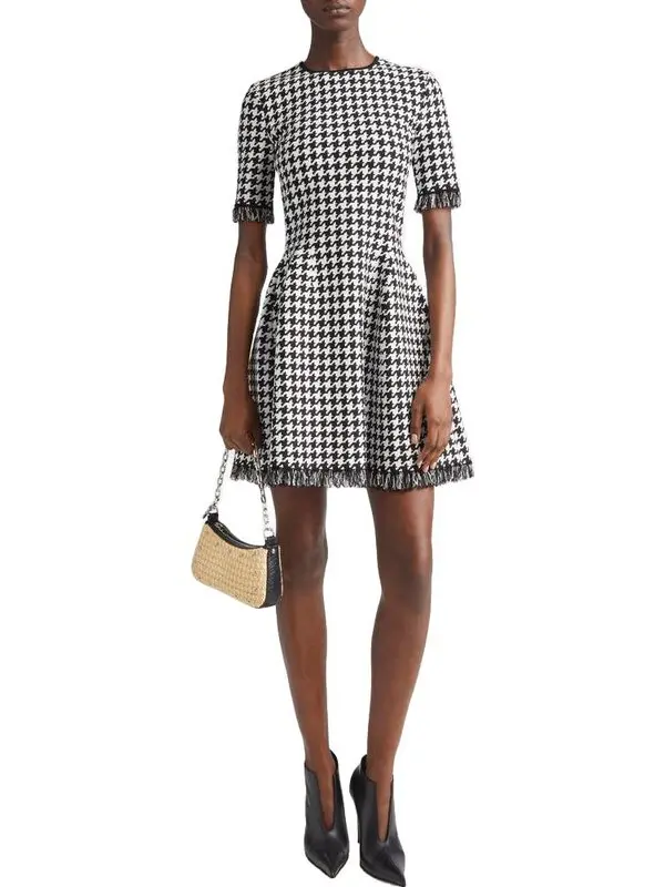 Alexander McQueen Houndstooth Fit & Flare Minidress - Black/ Ivory