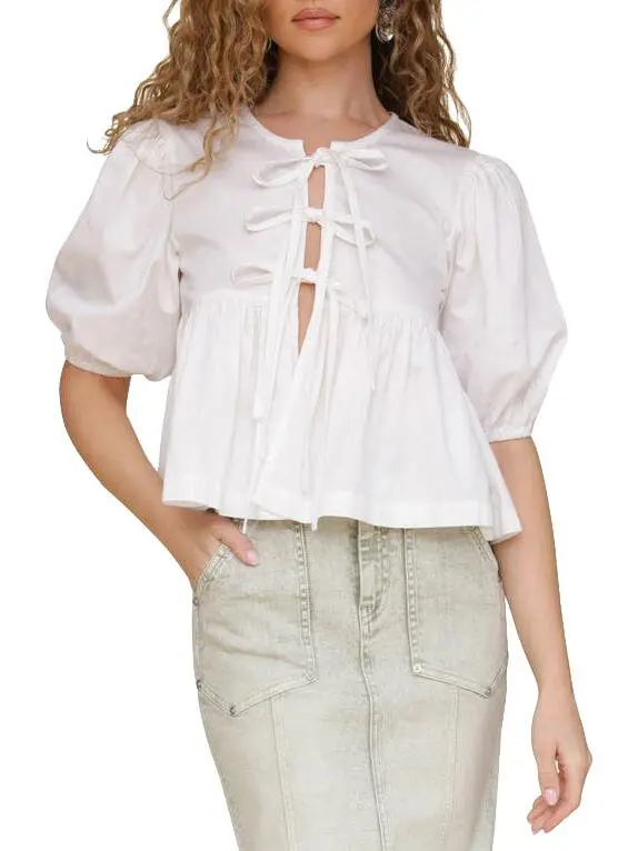 Avec Les Filles Tie-front Puff Sleeve Cotton Top - White
