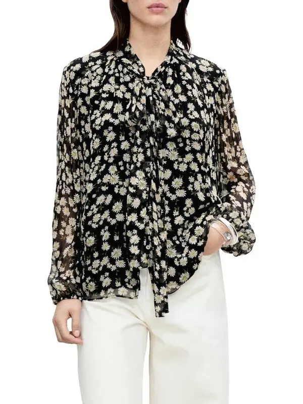 Mango Belle Floral Chiffon Tie Neck Top - Black